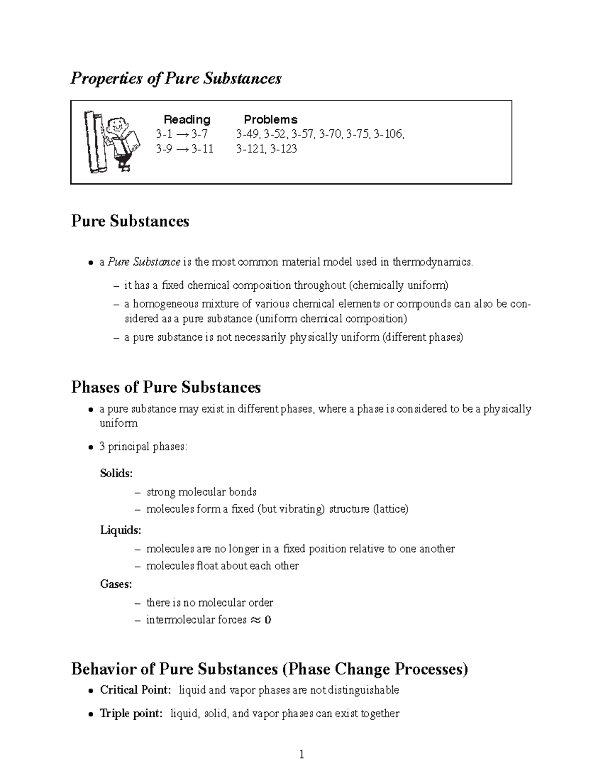 Efficient Summary of Material for ENGR 251 - Properties of Pure Substances Reading Problems 3-1 ...