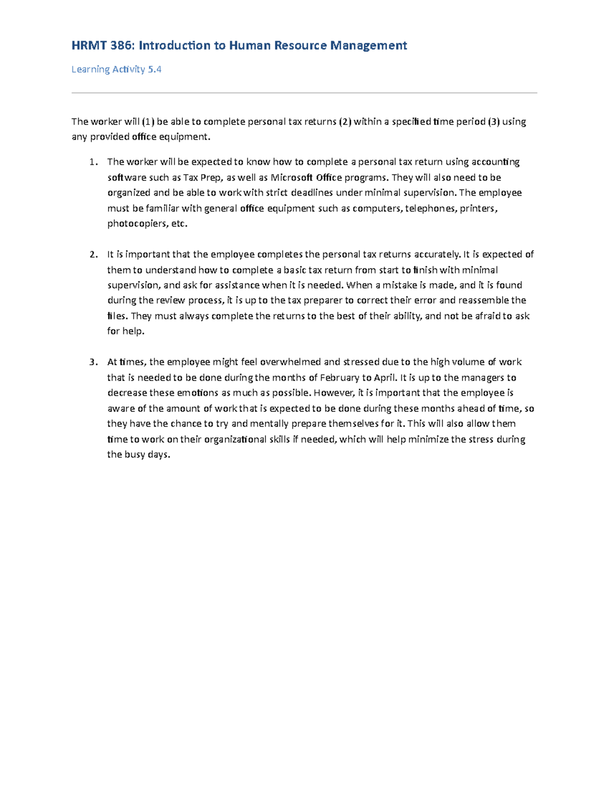 Activity 5.4: Training Objectives - HRMT 386: Introduction to Human ...