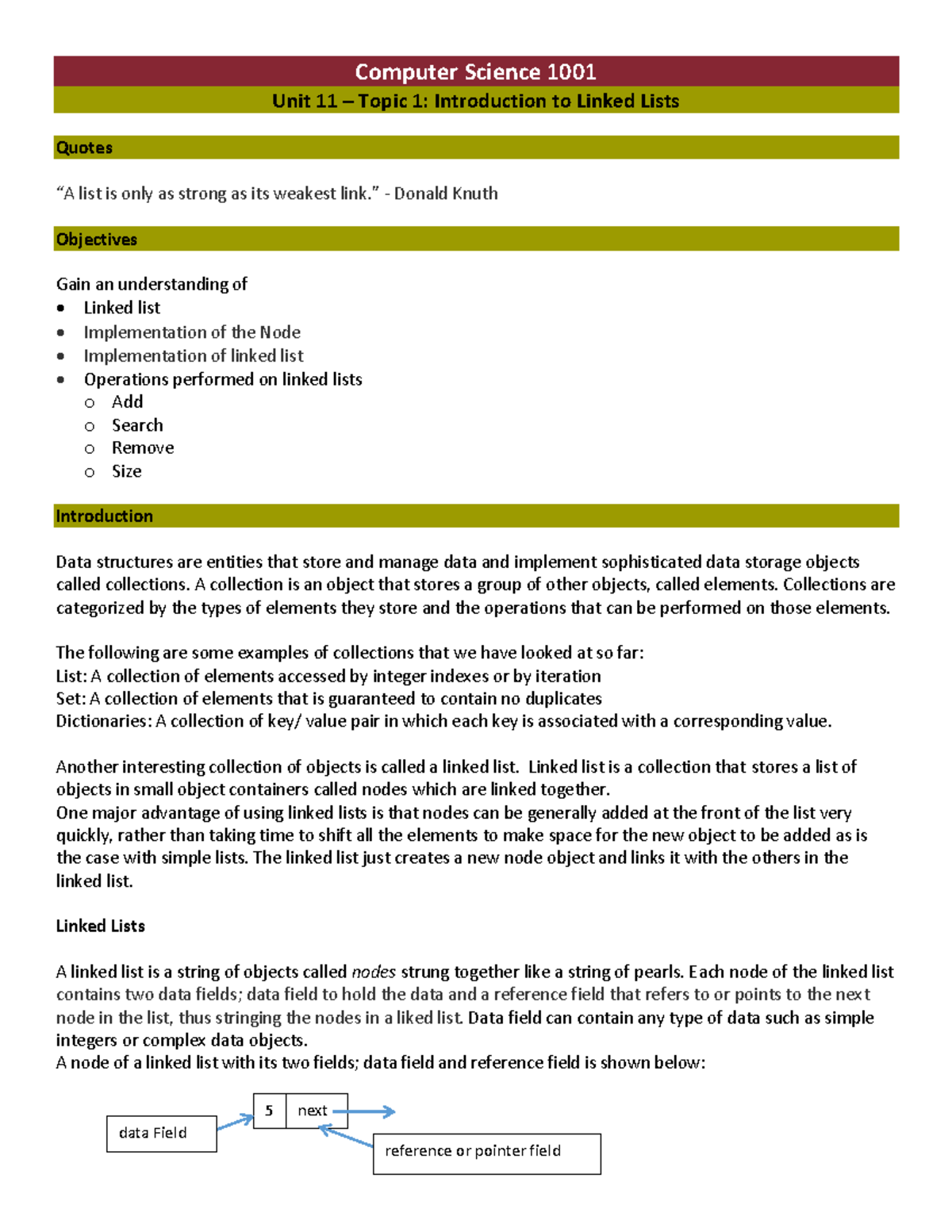 Topic 1 - Computer Science 1001 Unit 11 Topic 1: Introduction to Linked ...