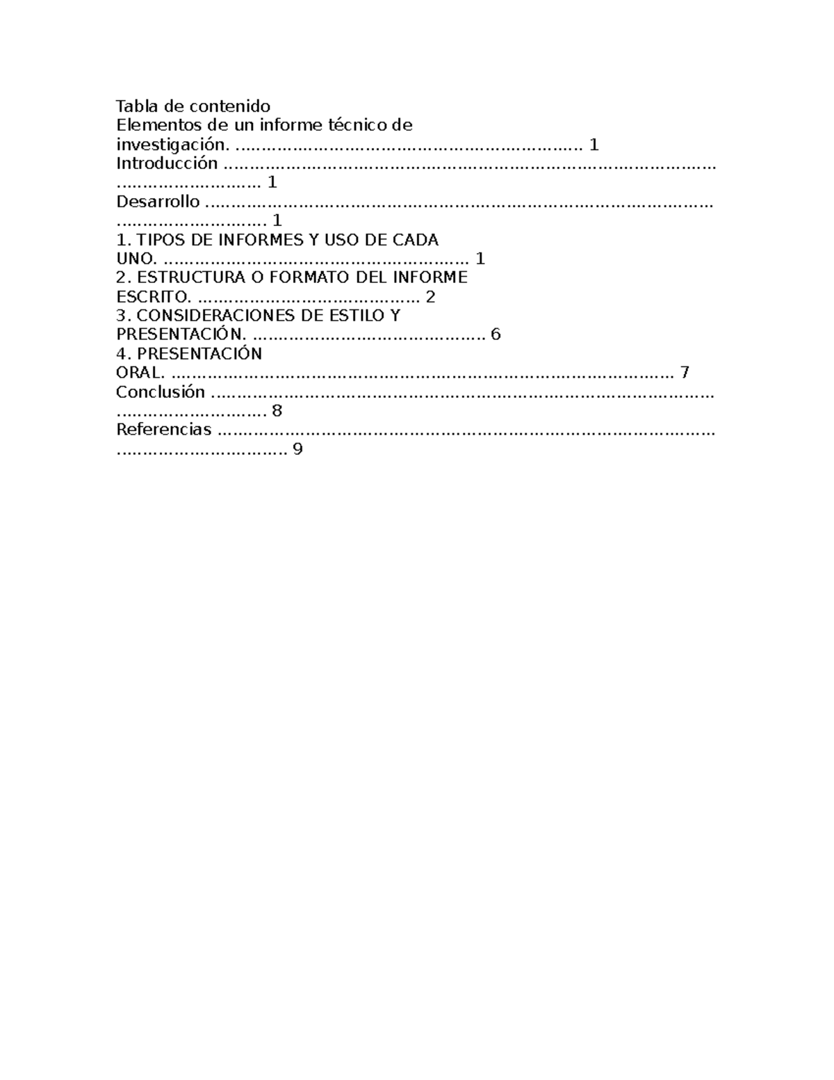 Elemento de un informe técnico de investigación - Tabla de contenido ...