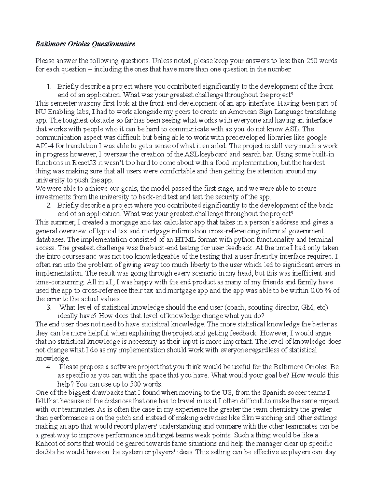 Orioles Dev Questionnaire - Baltimore Orioles Questionnaire Please ...