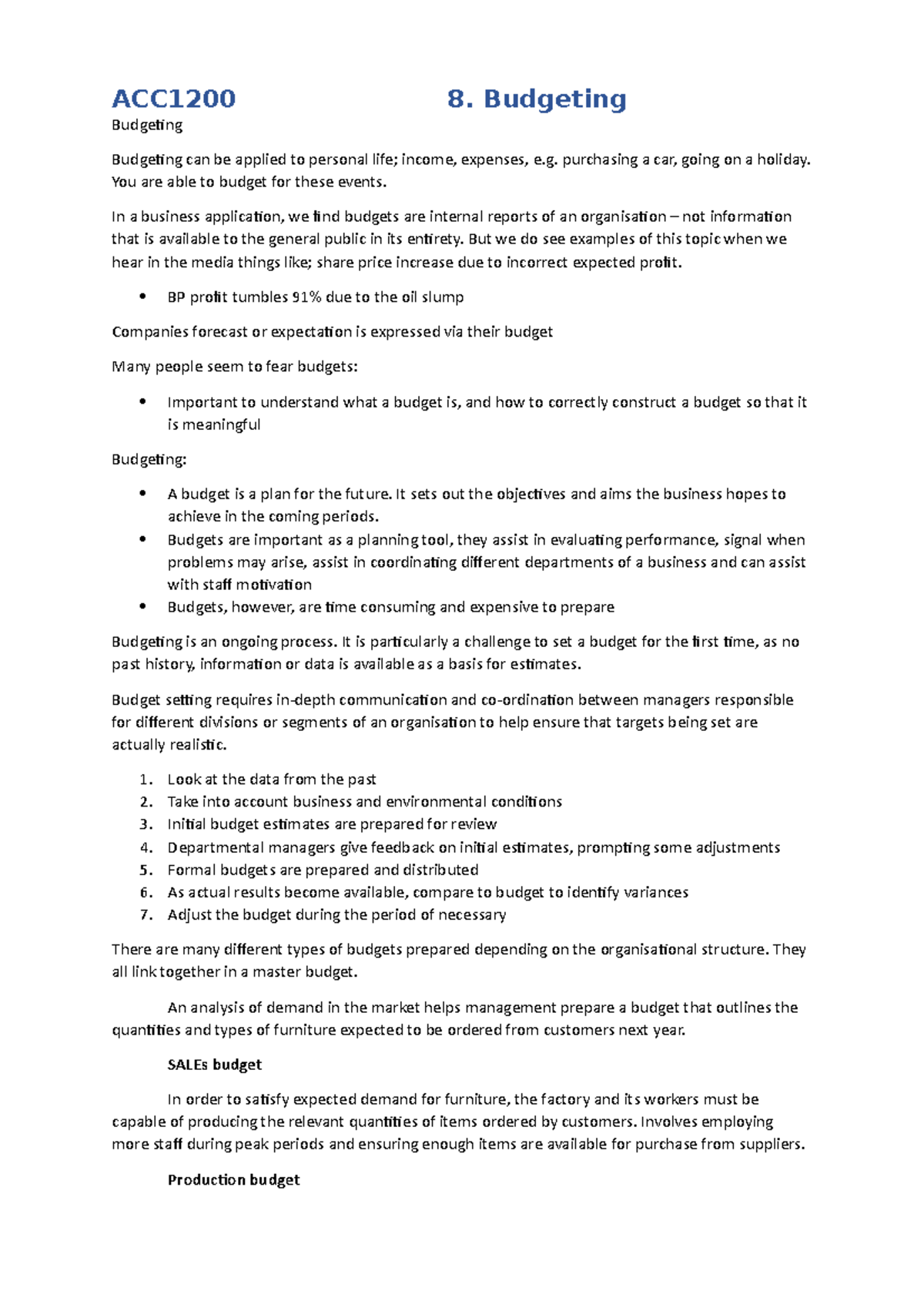 8. Budgeting - Lecture notes 8 - ACC1200 8. Budgeting Budgeting ...