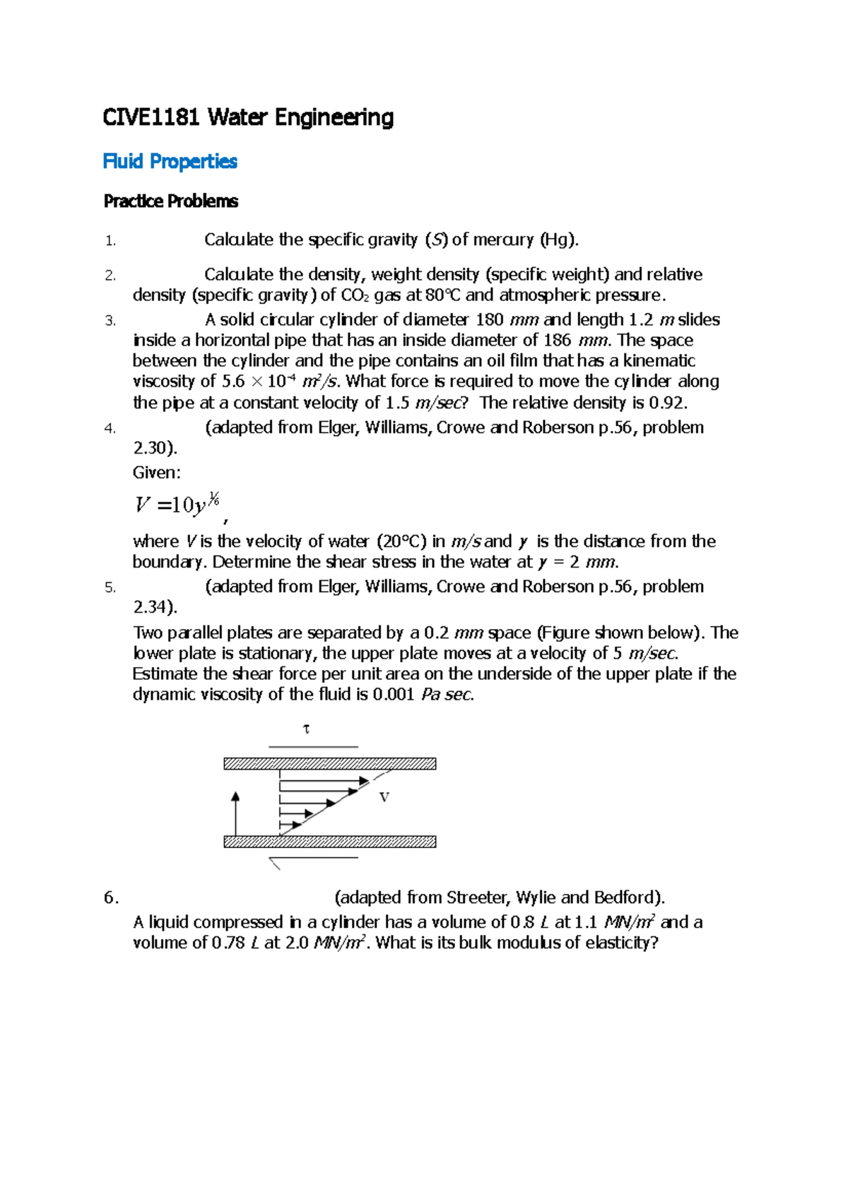 Practice Problems Week 1 Fluid Properties - CIVE 1181 Water Engineering ...