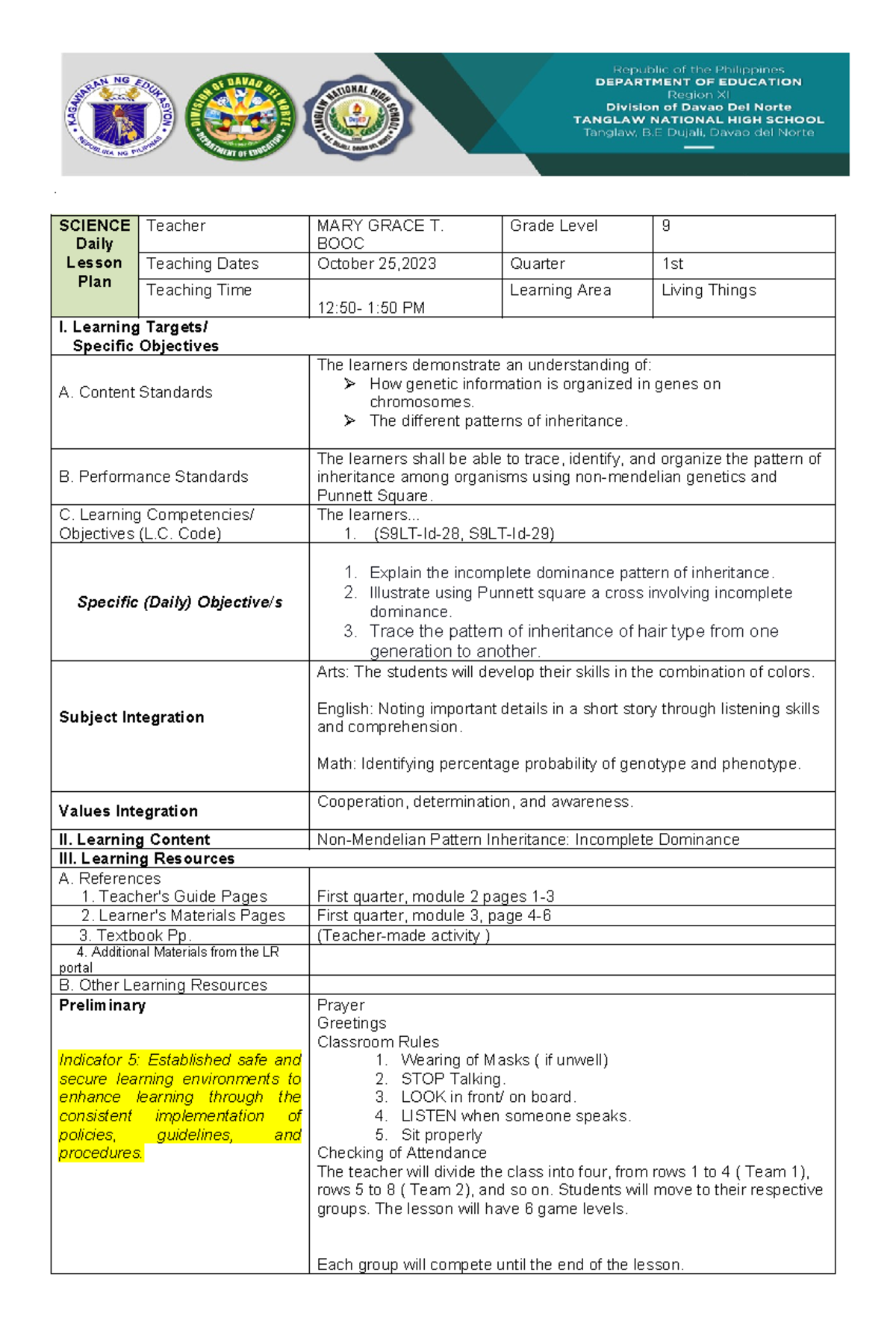 1st COT lesson plan g9 - . SCIENCE Daily Lesson Plan Teacher MARY GRACE ...