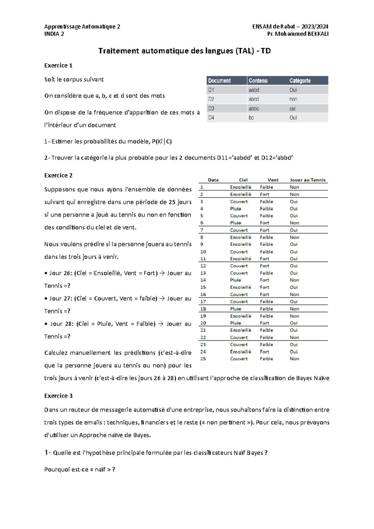TD2 ML2 - Corrig Ã© - jekk ew foeifo ww wfow - INDIA 2 Pr. Mohammed BEKKALI Traitement ...