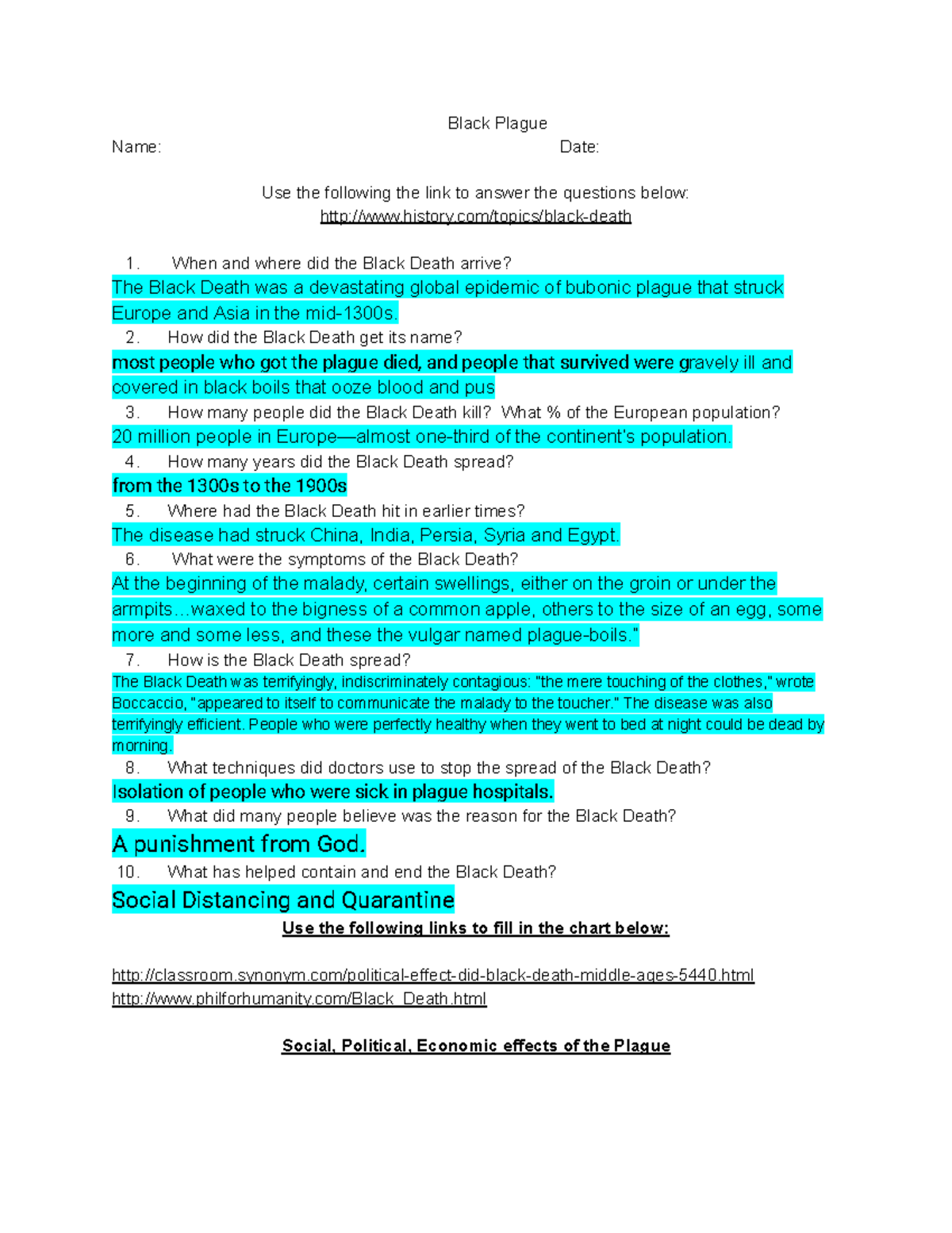 Black Plague assignment - Black Plague Name: Date: Use the following ...