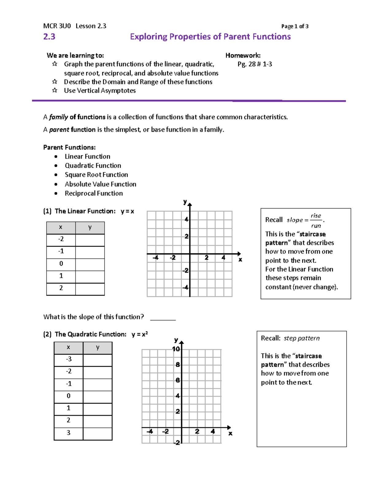 L2.3 Parent Functions - MCR 3U0 Lesson 2 Page 1 of 3 2 Exploring ...