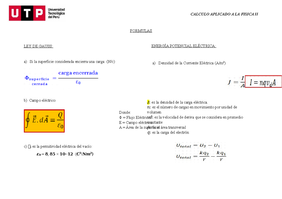 Formulas para caf II - CALCULO APLICADO A LA FISICA II FORMULAS LEY DE ...