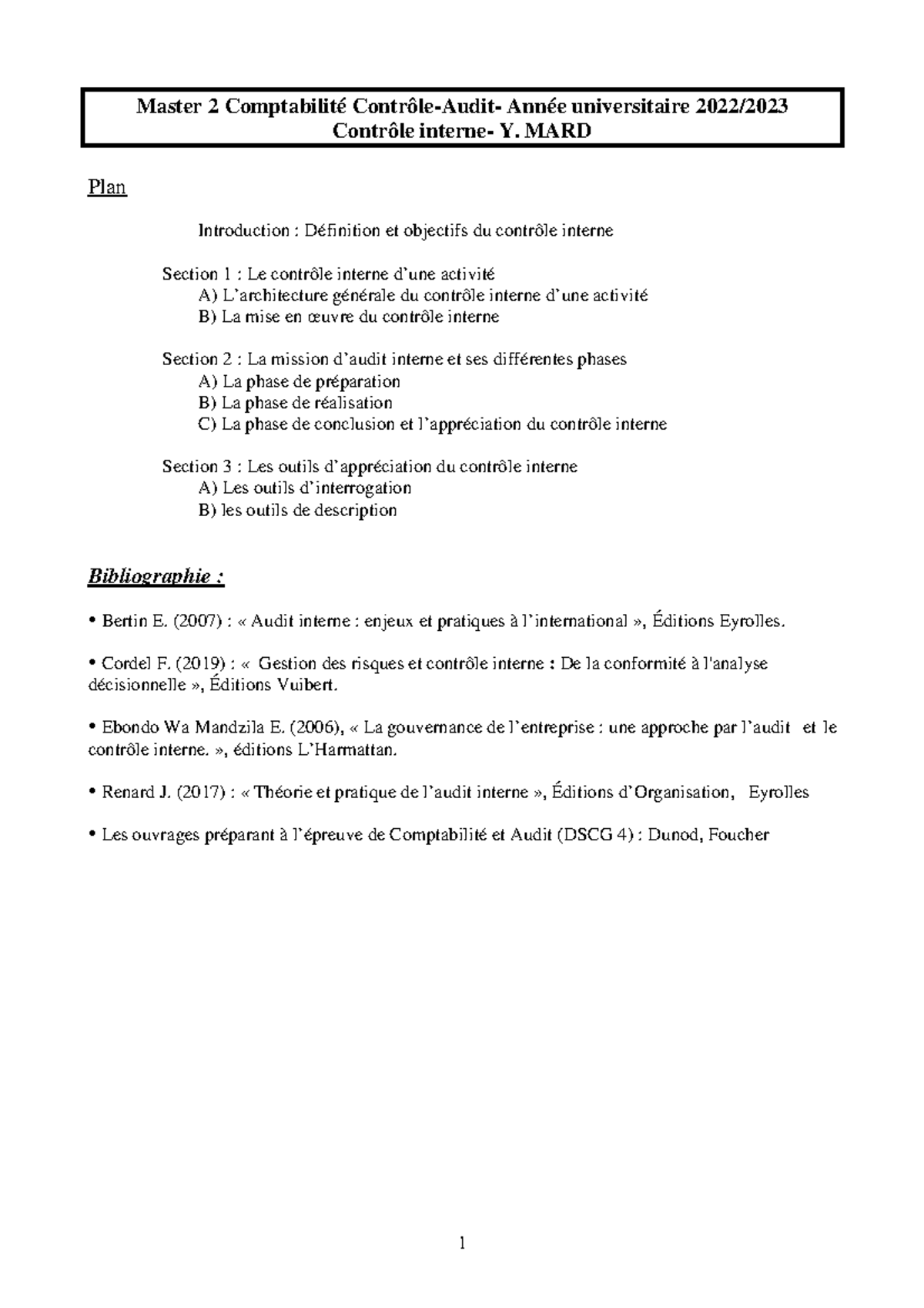 Poly Contrôle interne 2022-2023 - Master 2 Comptabilité Contrôle-Audit ...