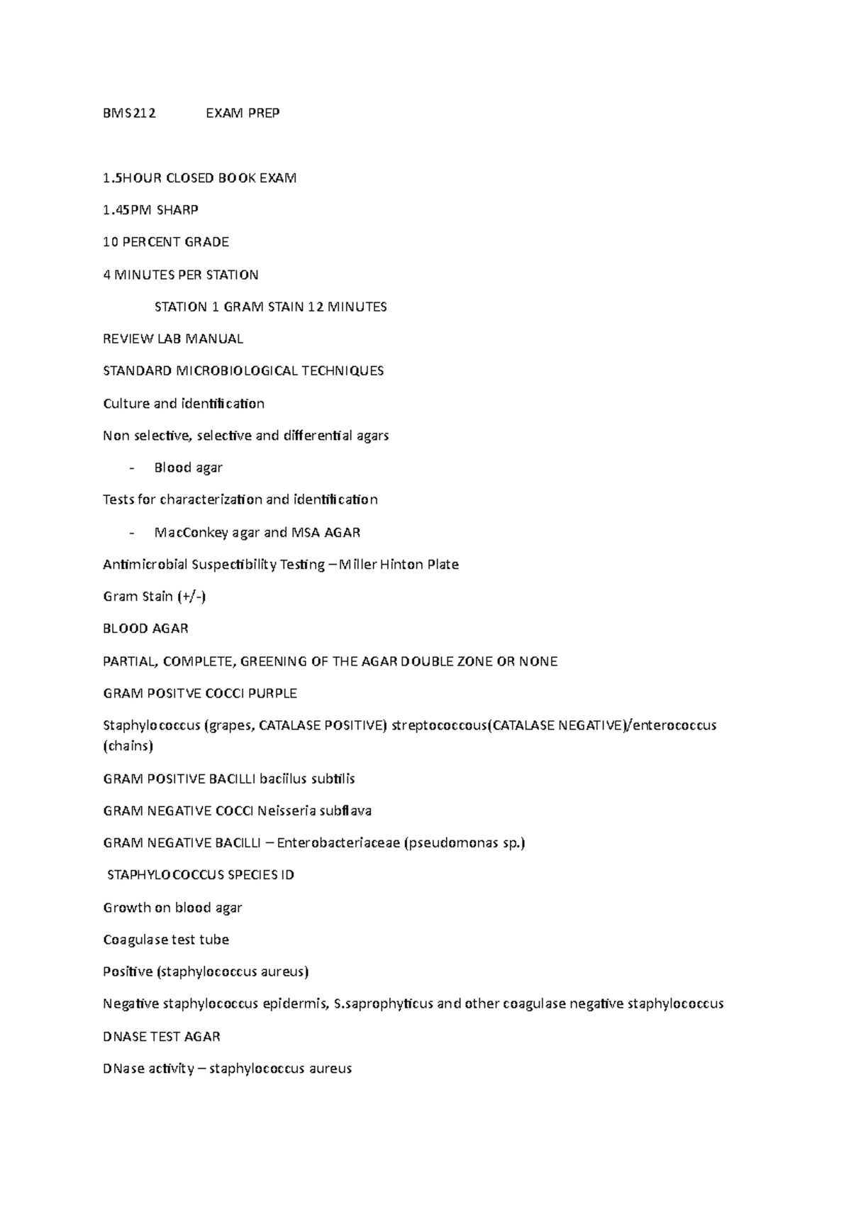 Exam prep - notes - BMS212 EXAM PREP 1 CLOSED BOOK EXAM 1 SHARP 10 ...