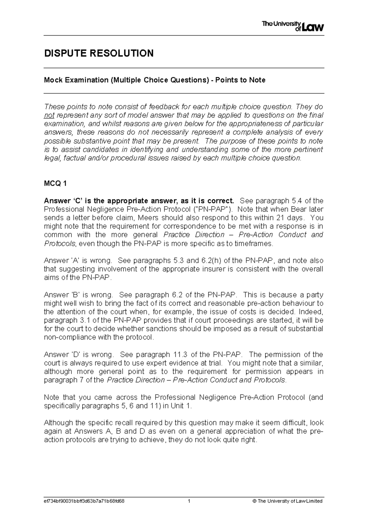 Dispute Mock points to note - DISPUTE RESOLUTION Mock Examination ...