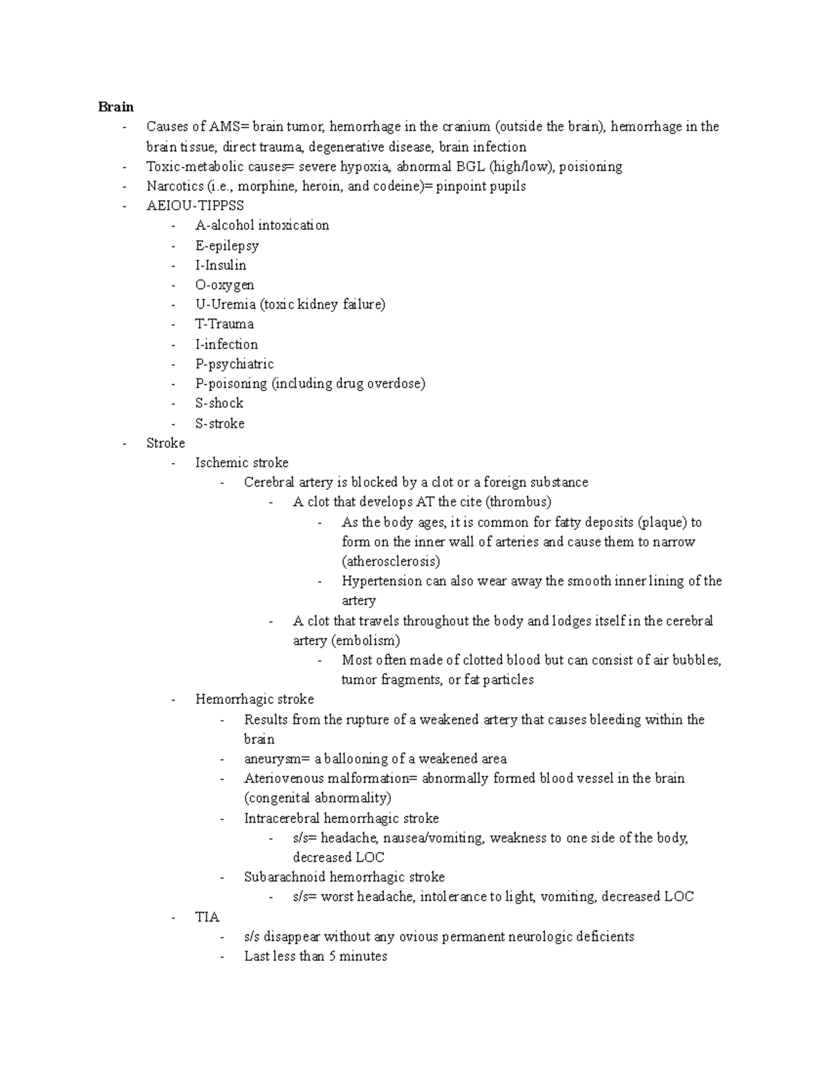 EMT study guide- Final - Brain - Causes of AMS= brain tumor, hemorrhage ...