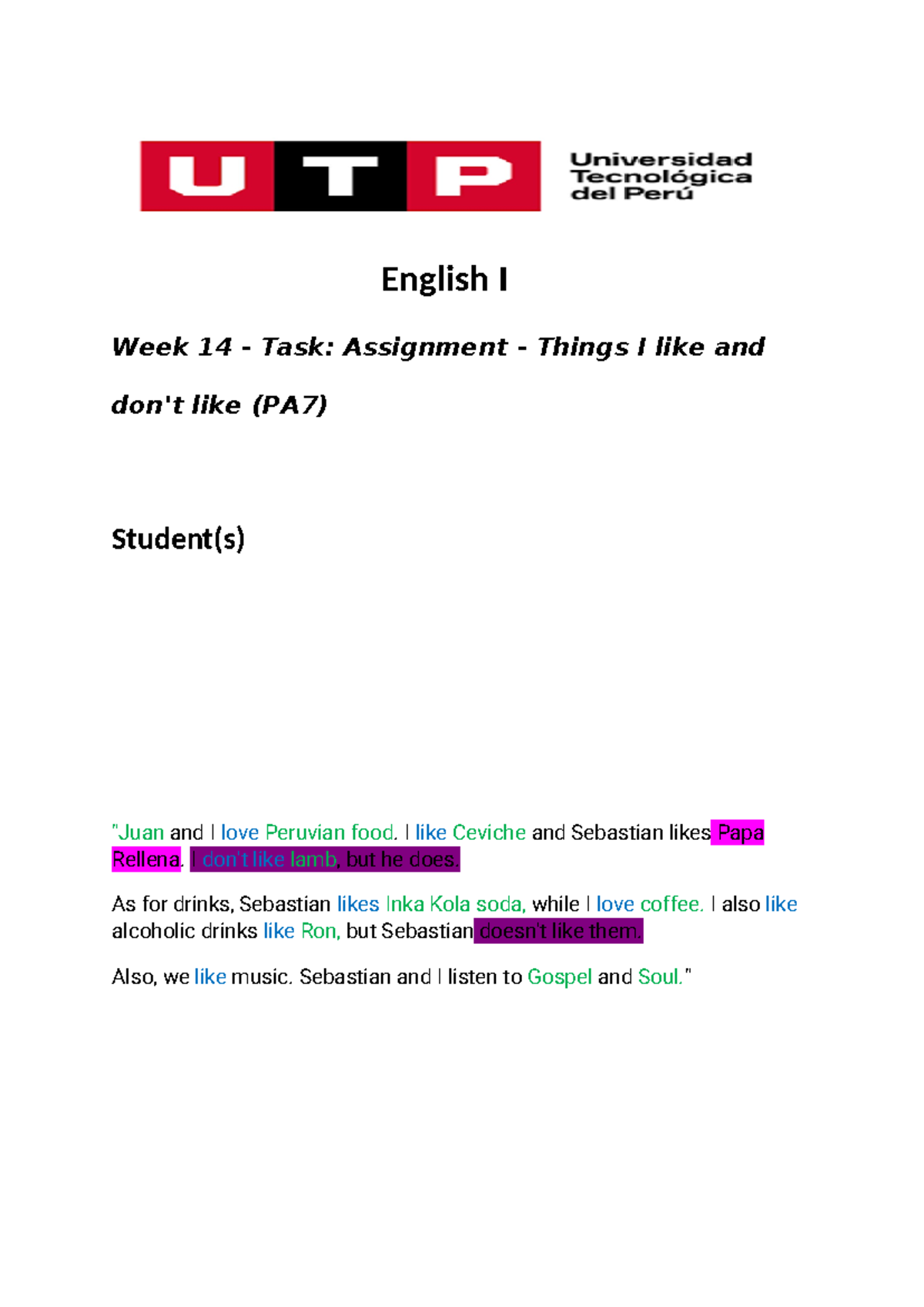 🔴 (AC-S14) Week 14 - Task Assignment - Things I like and don't like (PA7) - ingles, tarea - Studocu
