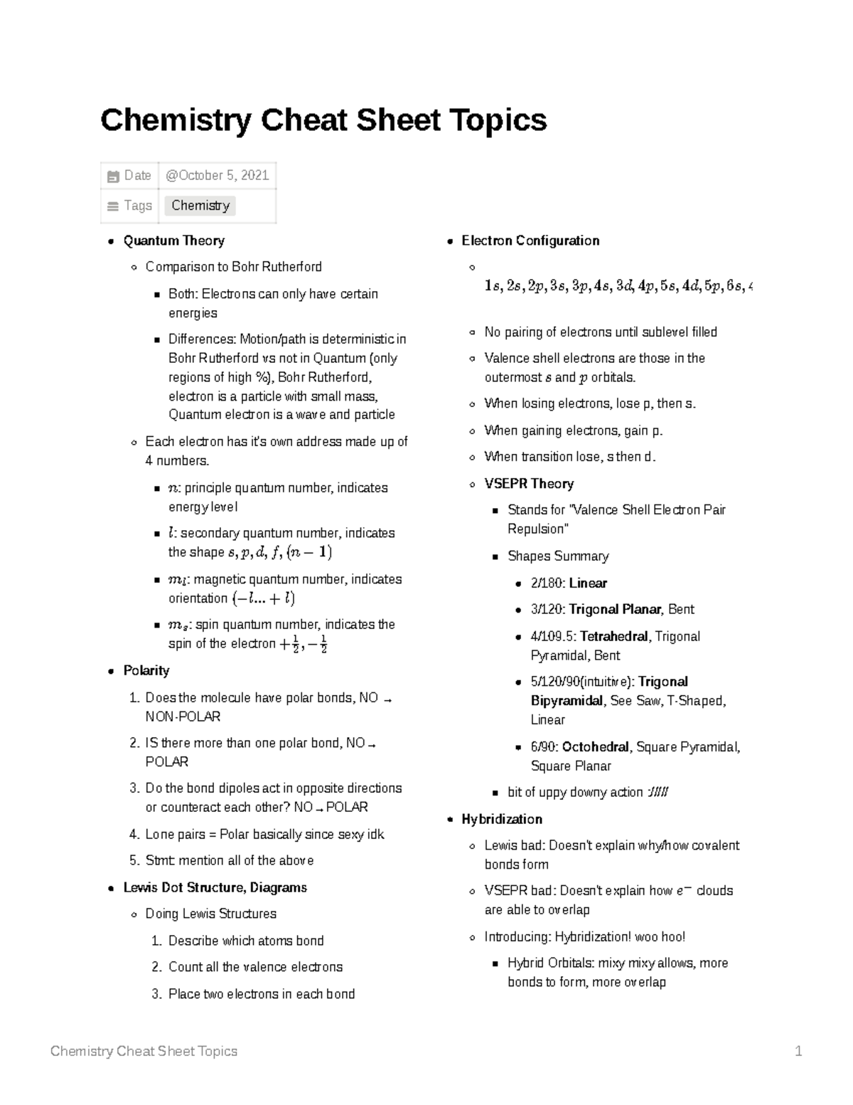 Chemistry Cheat Sheet Topics - : principle quantum number, indicates ...