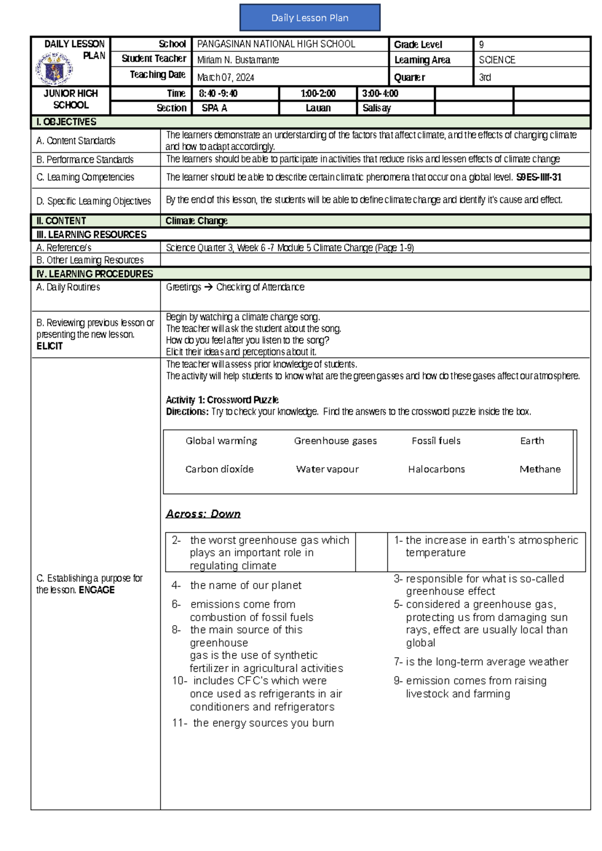 March 7 - Climate change - DAILY LESSON PLAN School PANGASINAN NATIONAL ...