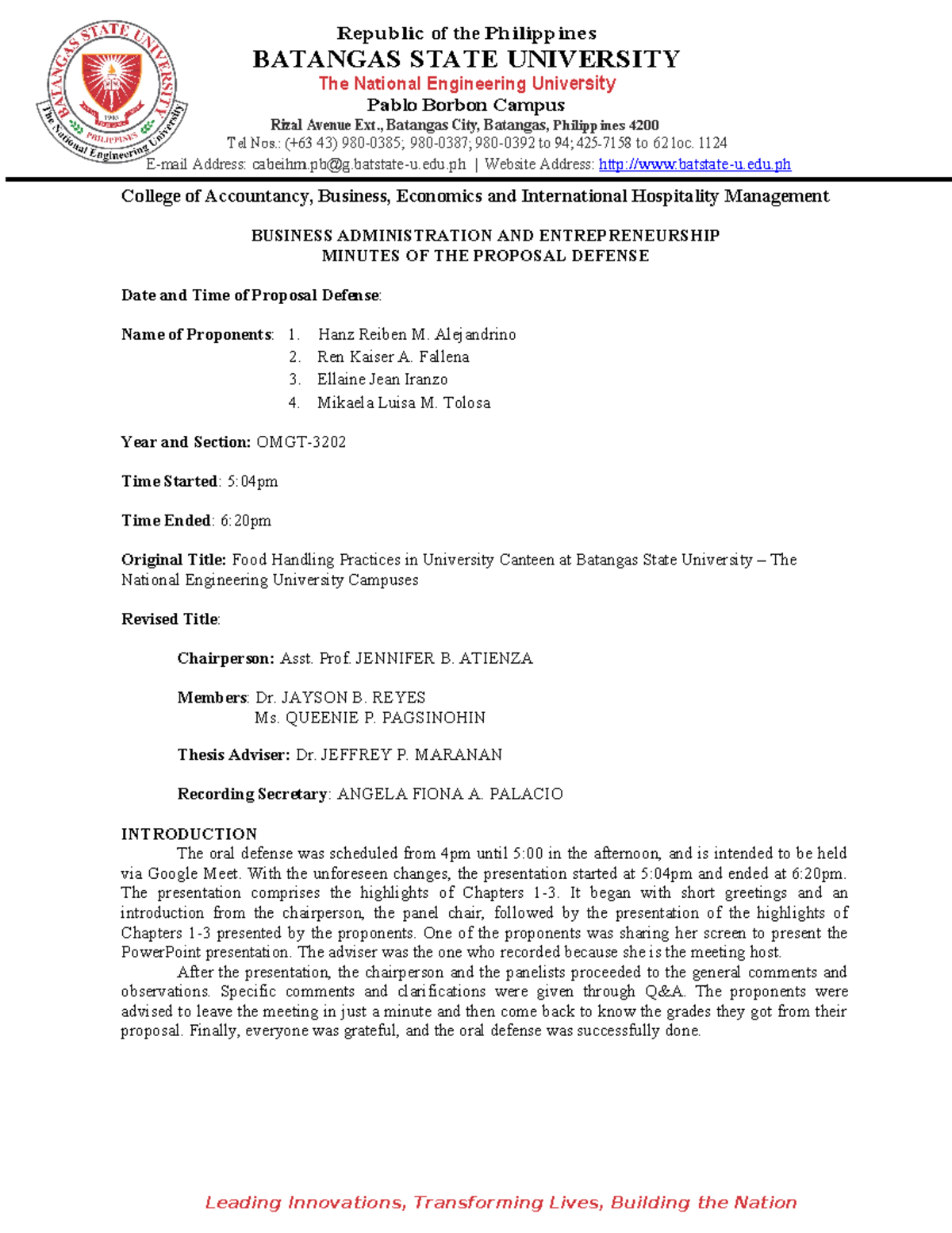 Minutes of Proposal Defense 1 - BATANGAS STATE UNIVERSITY The National ...