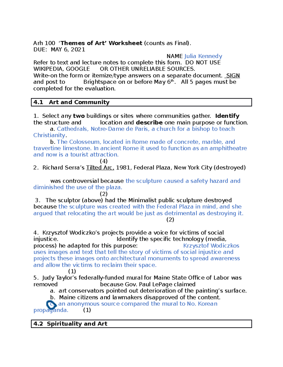 Arh 100 Final 2021 - arh100 - Arh 100 ‘ Themes of Art’ Worksheet (counts as Final). DUE: MAY 6 ...