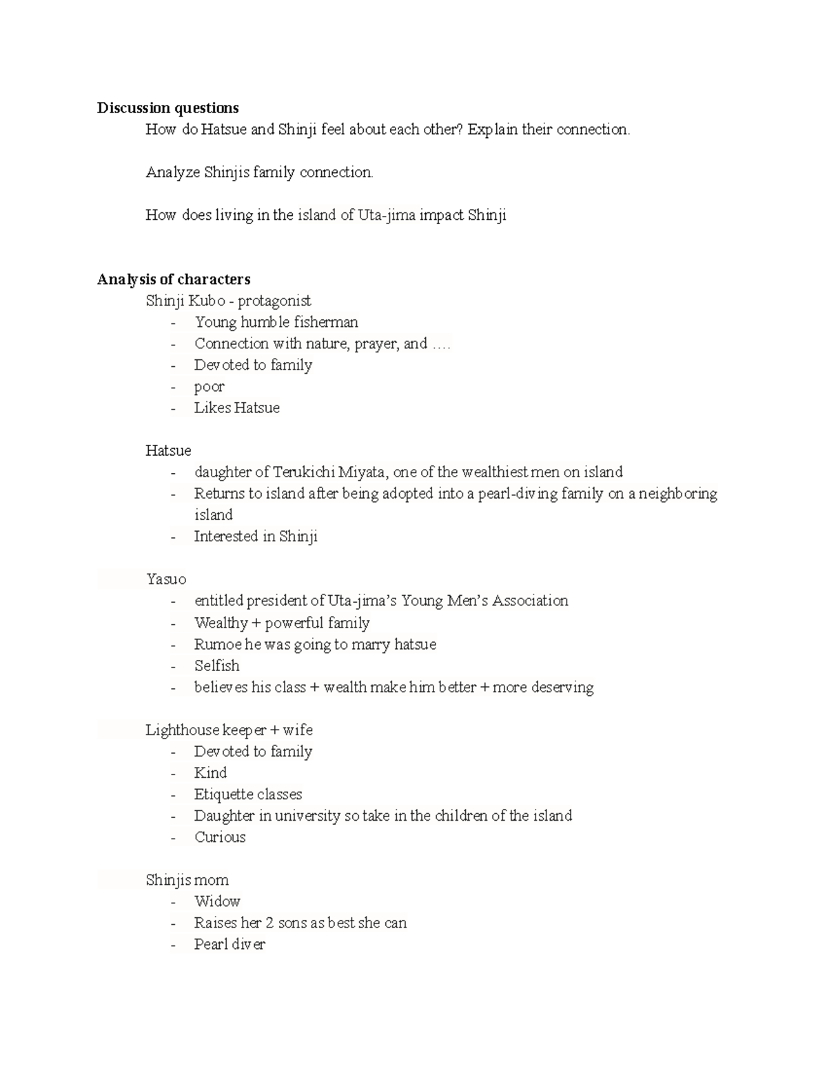 IB LIT sound of waves socratic seminar prep - Discussion questions How ...