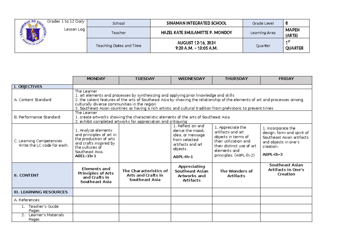 Grade 8-ARTS-WEEK 2 - MAPEH - Grades 1 to 12 Daily Lesson Log School ...