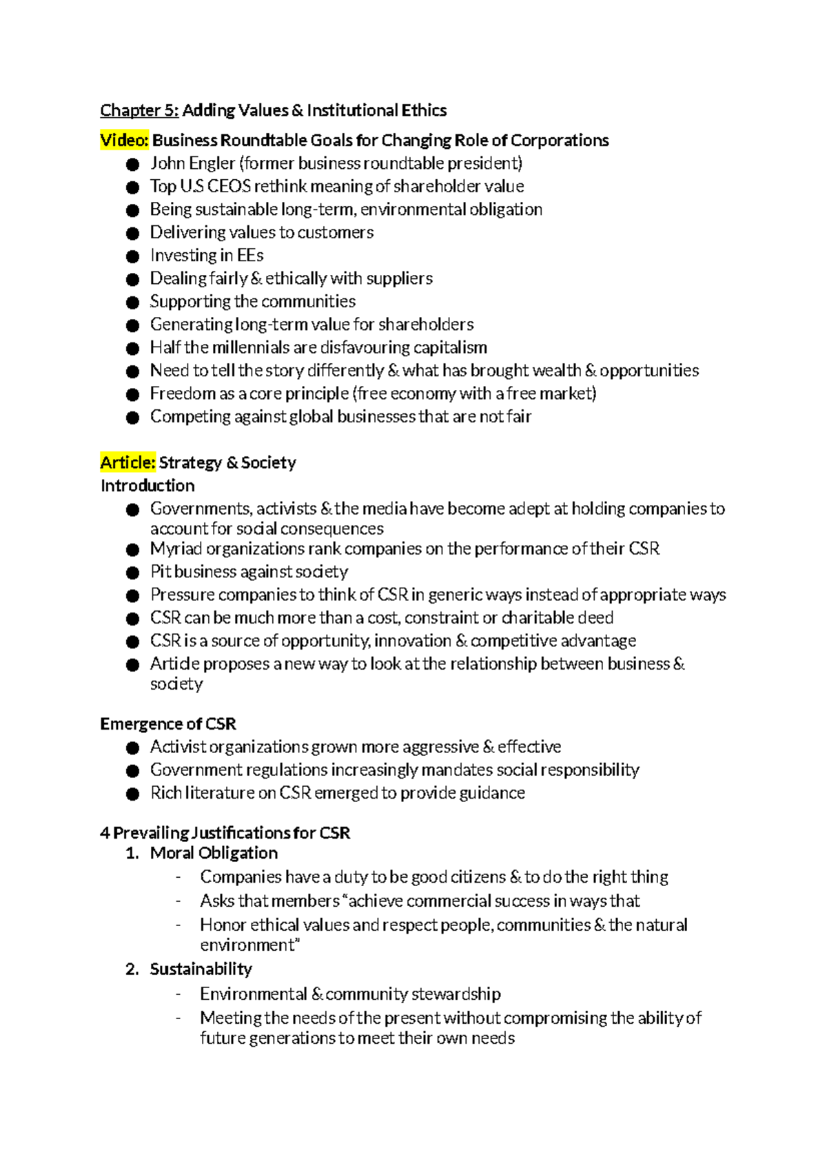 CSR - Module 5 - BUSINESS ETHICS NOTES - Chapter 5: Adding Values ...