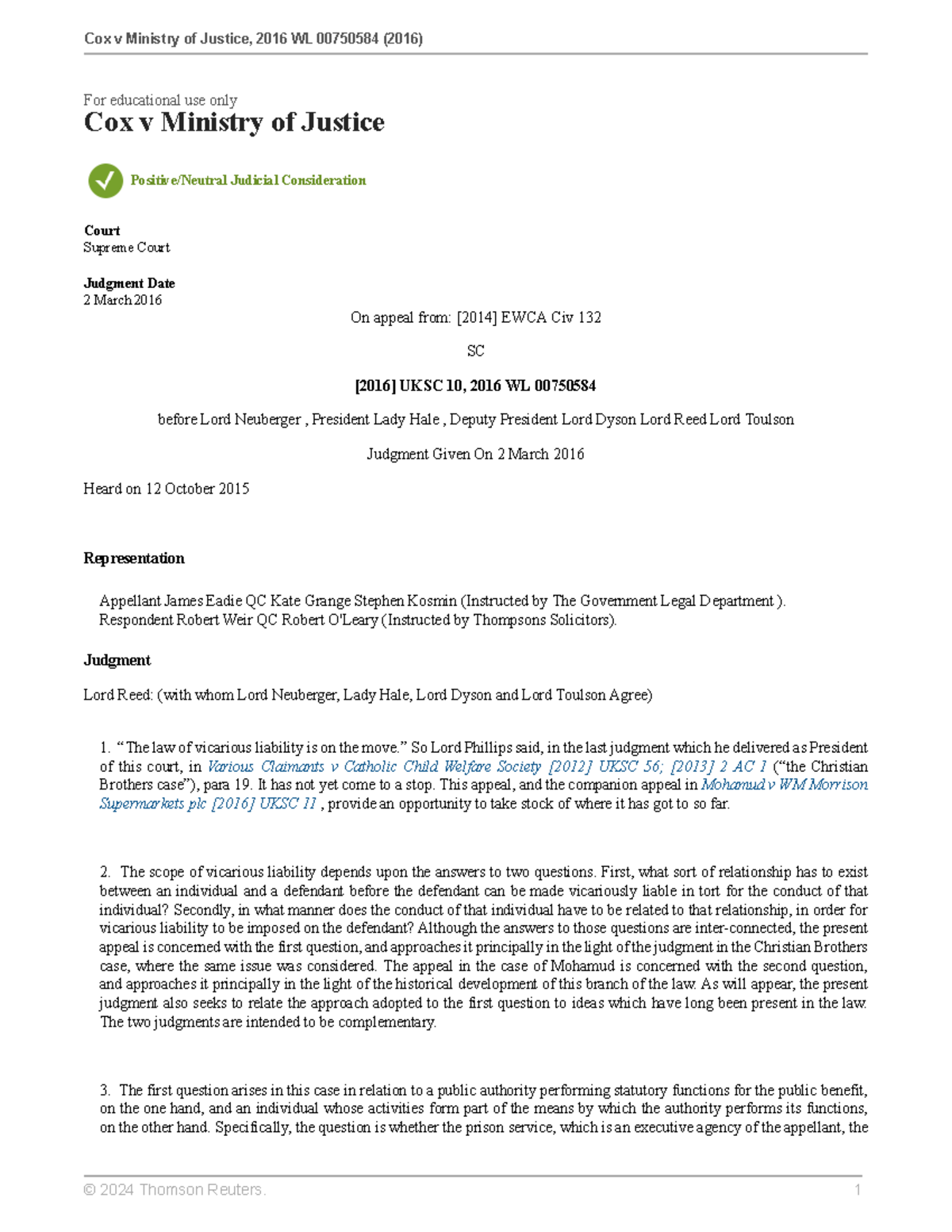 Cox v Ministry of Justice - For educational use only Cox v Ministry of ...