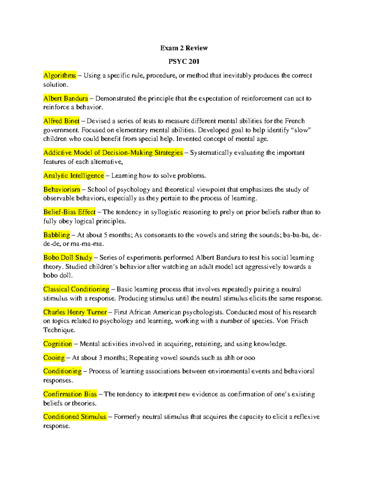 PSYC 201 Exam Review - Exam 2 Review PSYC 201 Algorithms – Using a ...