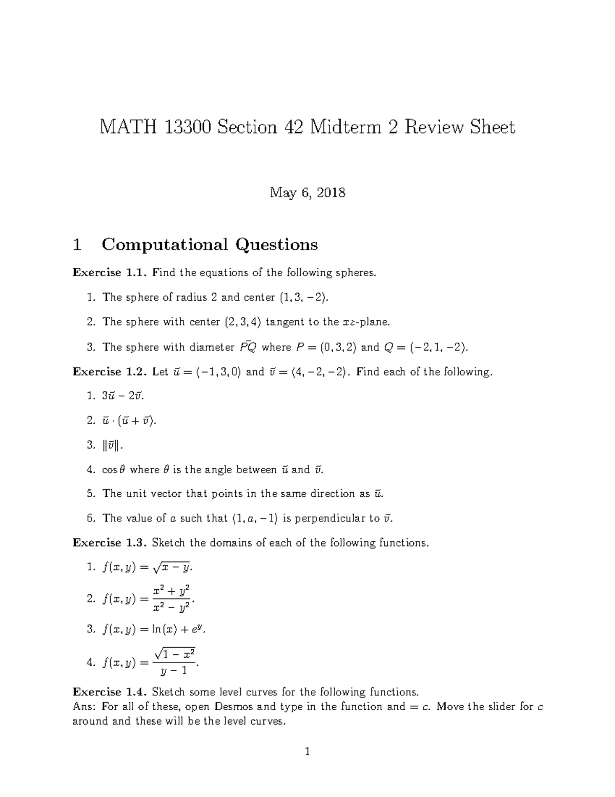 Midterm 2 Review Sheet - MATH 13300 Section 42 Midterm 2 Review Sheet ...
