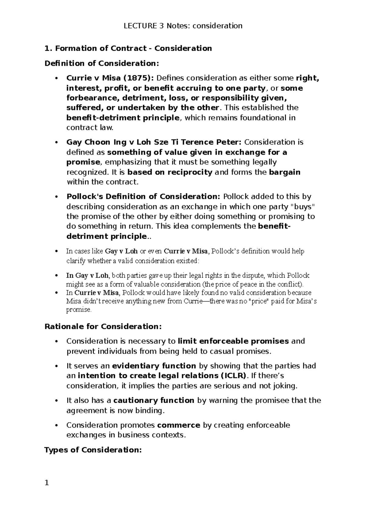 Lecture 3 notes - Formation of Contract - Consideration Definition of ...