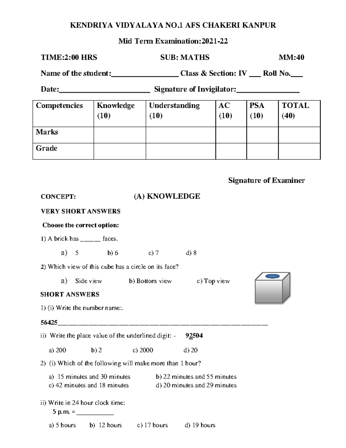 Maths-4 - WORKSHEETS FOR STUDENTS - KENDRIYA VIDYALAYA NO AFS CHAKERI ...