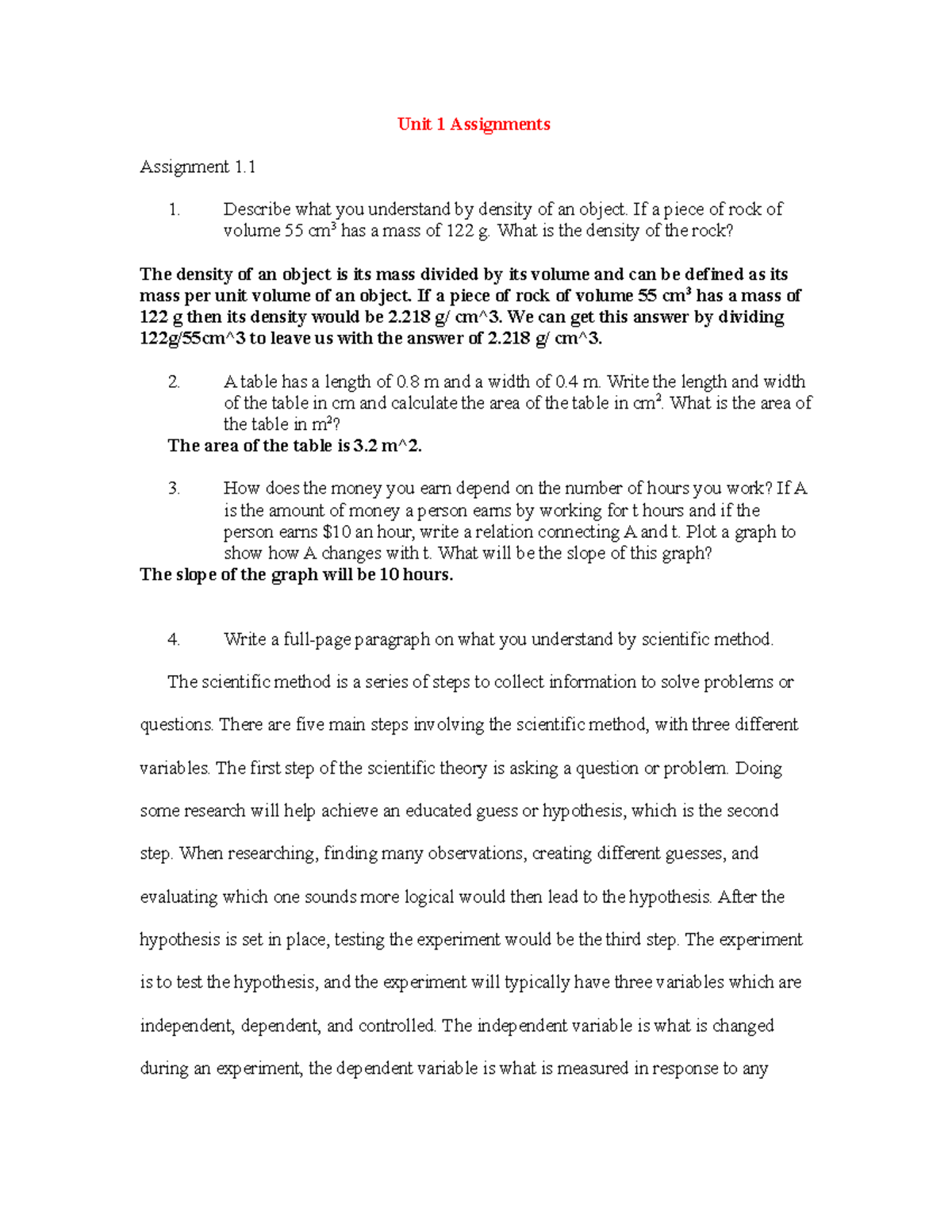 Unit 1 Assignments - Unit 1 Assignments Assignment 1. Describe what you understand by density of ...