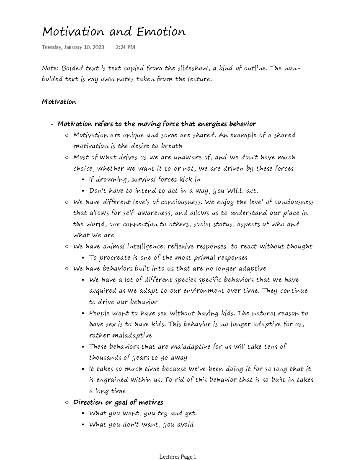 Motivation and Emotion Lecture Notes - Note: Bolded text is text copied ...