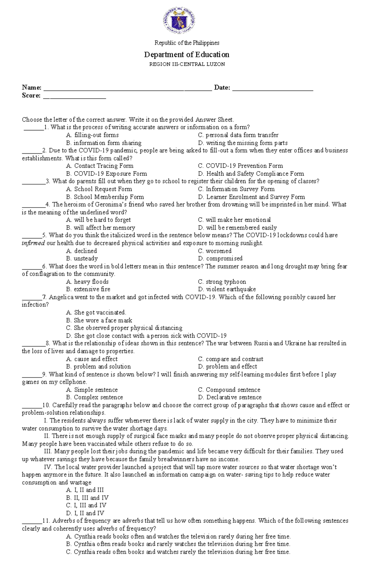 Diagnostic TEST IN English 5 - Republic of the Philippines Department ...