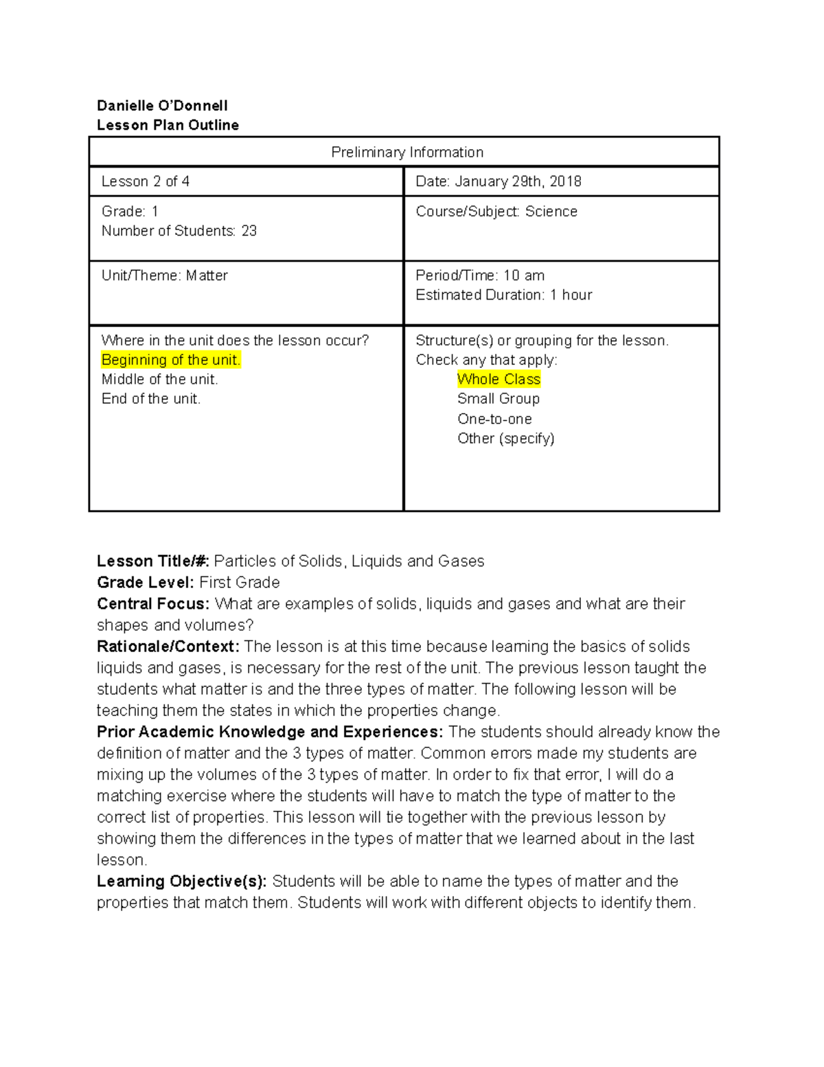 Lesson Plan 1 - Danielle O’Donnell Lesson Plan Outline Preliminary ...