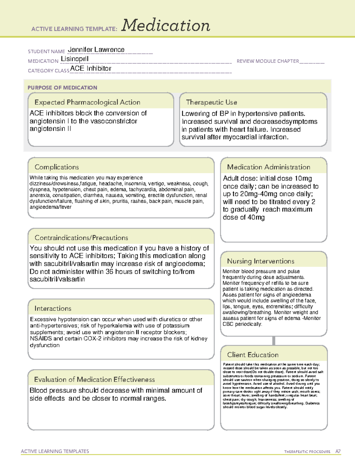 ACE Inhibitor Medication Template Cardiac NUR 123 Studocu