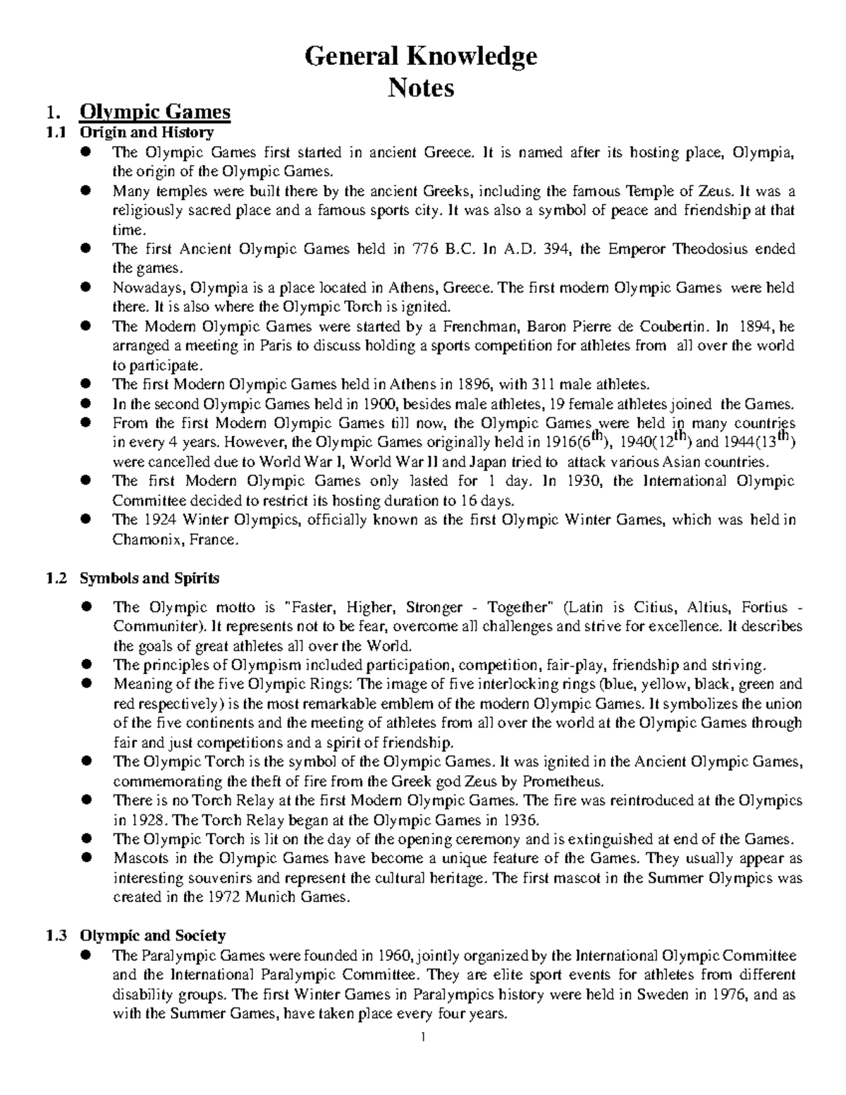 PE general knowledge notes - General Knowledge Notes 1. Olympic Games 1 ...