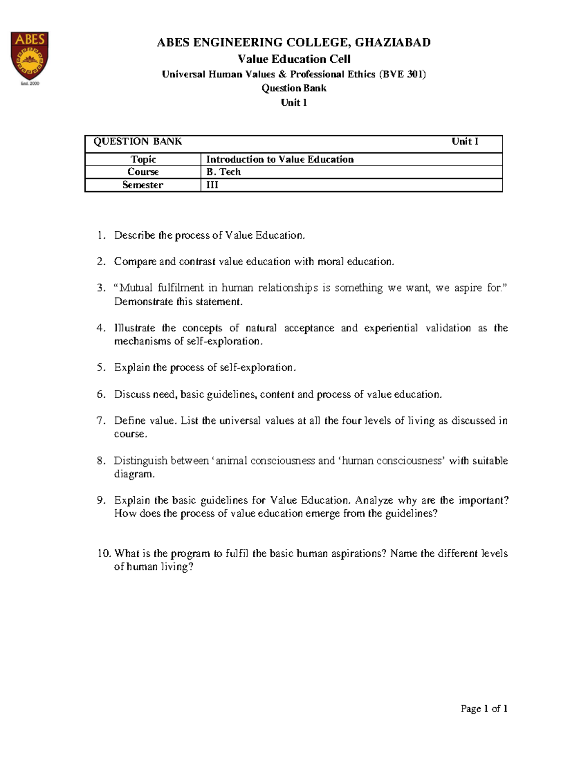 Question BANK UNIT-1 UHV&PE BVE301 - ABES ENGINEERING COLLEGE ...