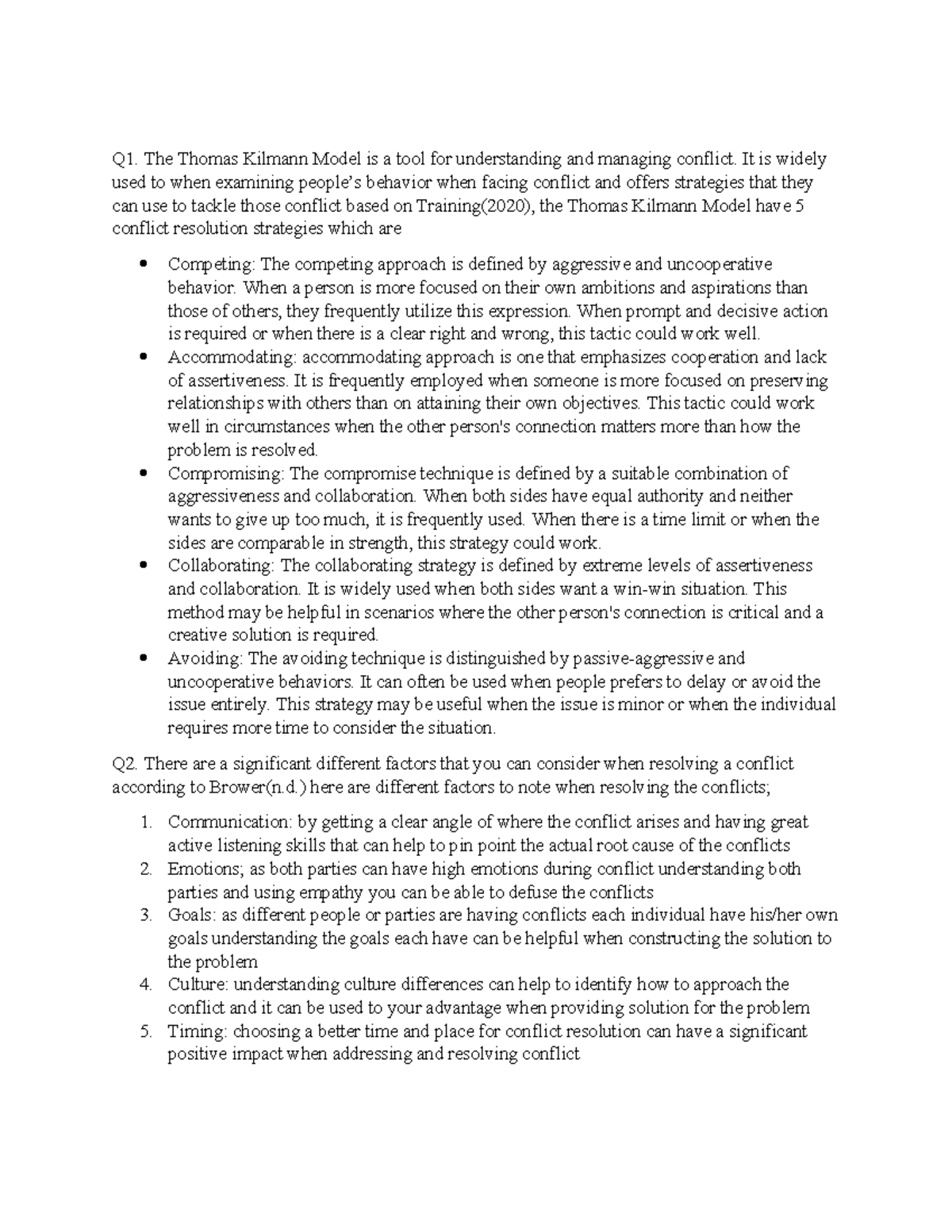 Interpersonal communication Managing Conflicts - Q1. The Thomas Kilmann ...