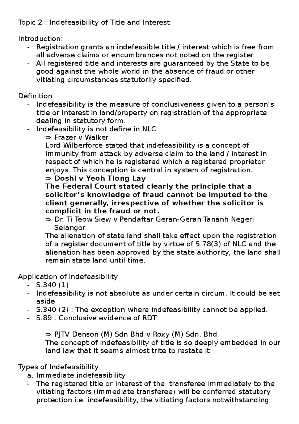 Topic 2 - Notes - Topic 2 : Indefeasibility of Title and Interest ...