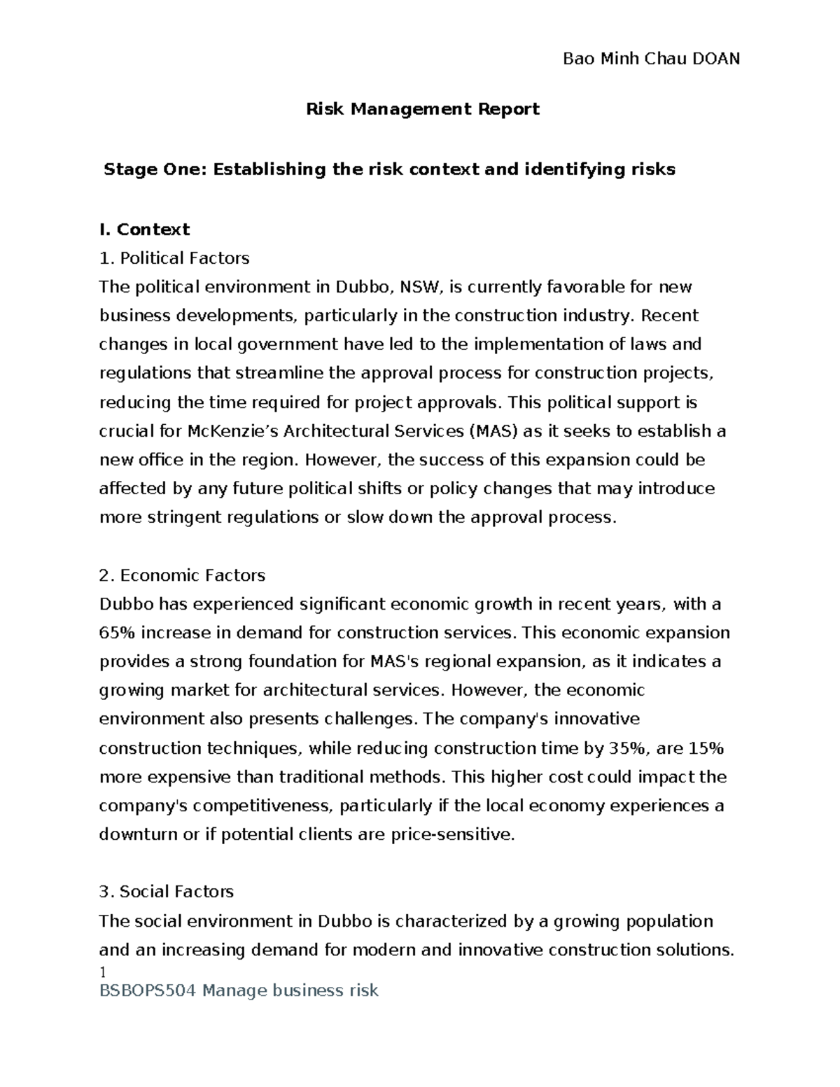 Risk management plan - Manage risk - Risk Management Report Stage One ...