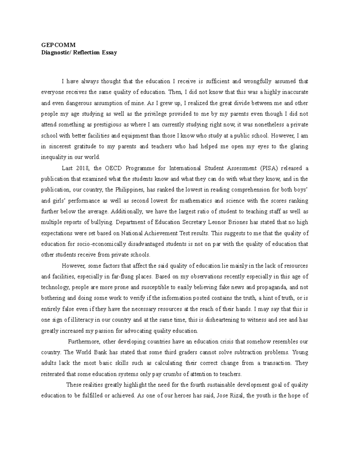 GEPCOMM Reflective essay on SDG - GEPCOMM Diagnostic/ Reflection Essay ...