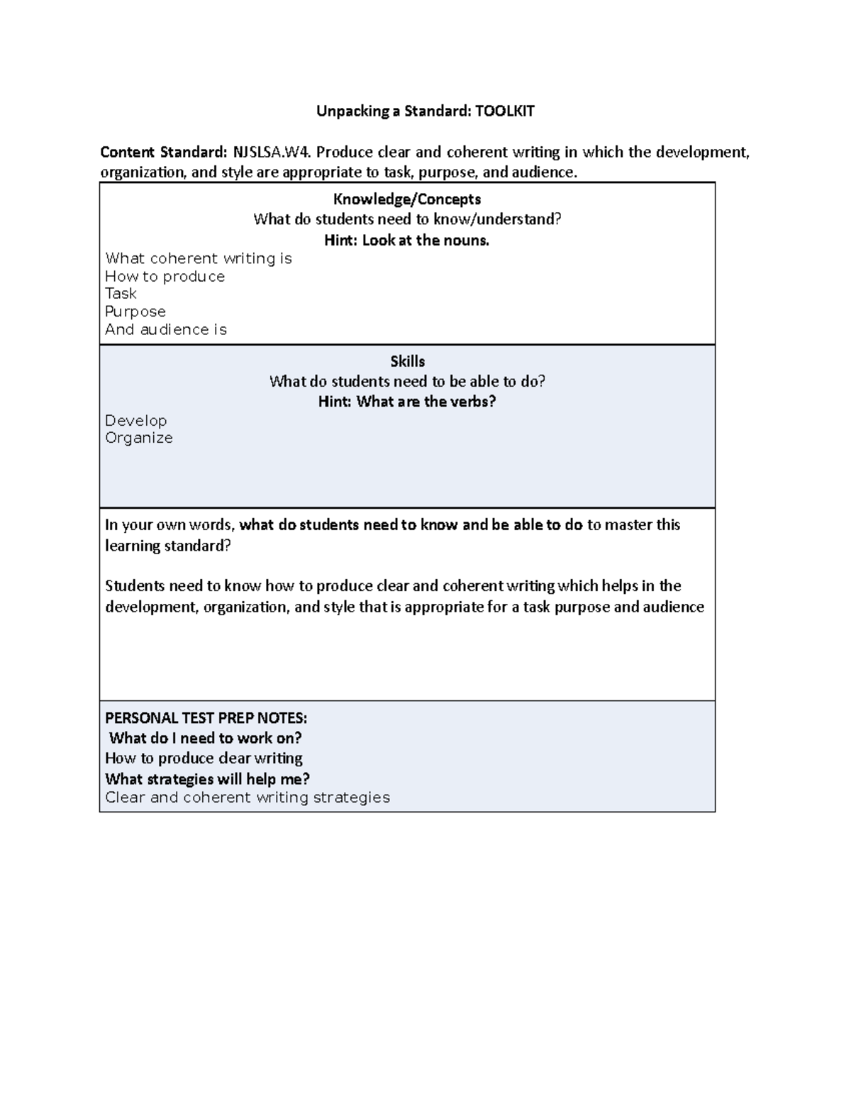 W4 Standard - Unpacking a Standard: TOOLKIT Content Standard: NJSLSA ...