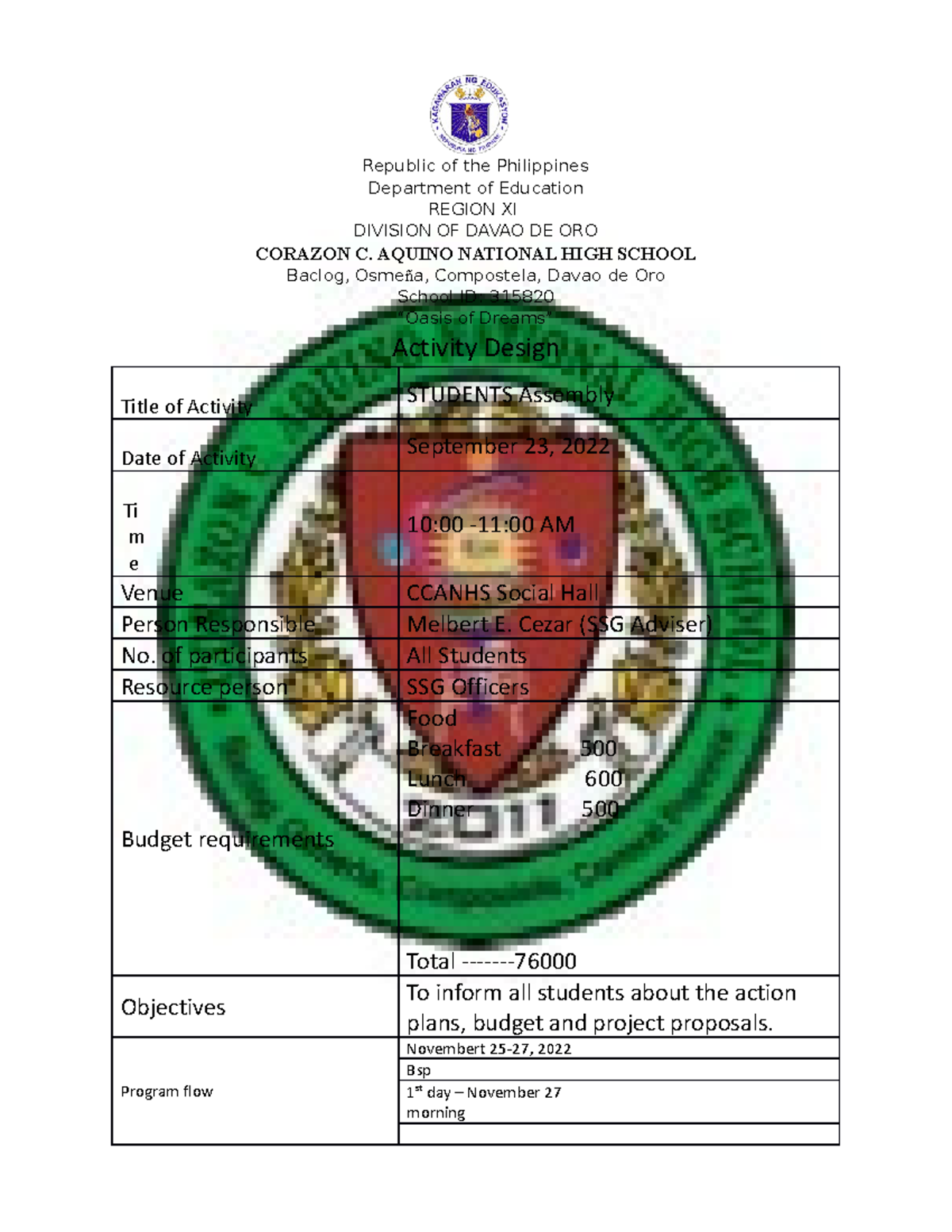 Activity Design FOR SSG Student Assembly - Republic of the Philippines ...