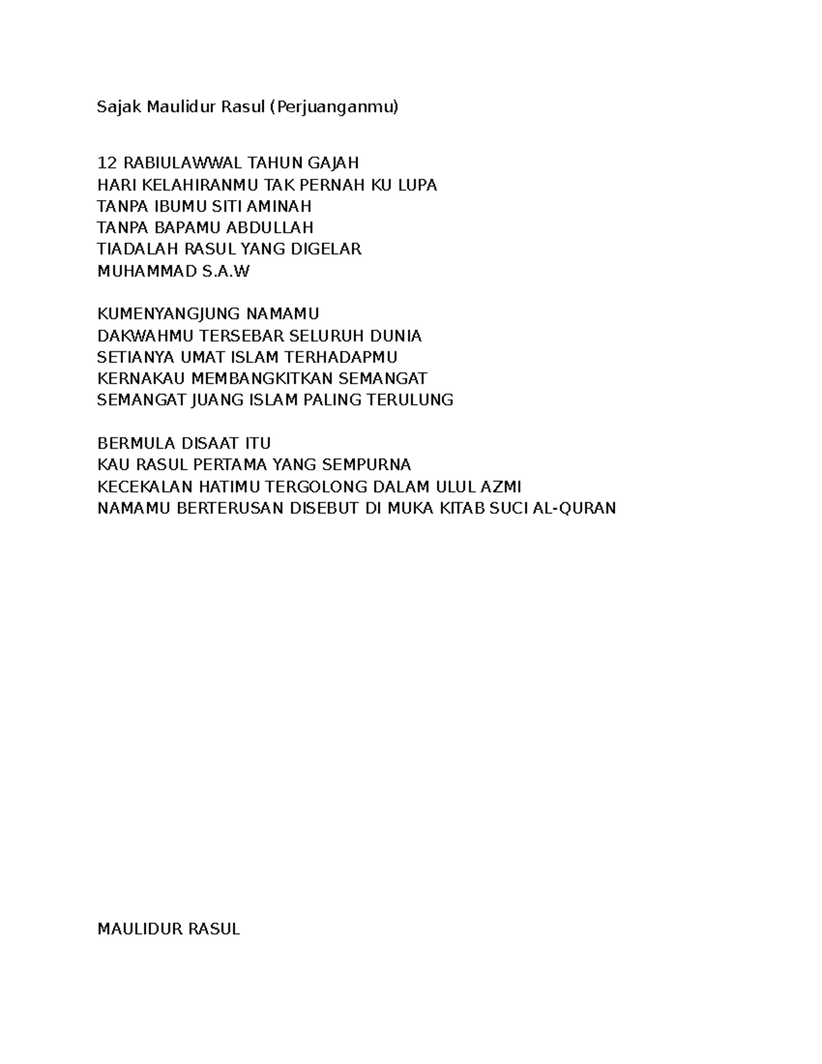 Scribd - LAGU MAULUD - Sajak Maulidur Rasul (Perjuanganmu) 12 RABIULAWWAL TAHUN GAJAH HARI - Studocu