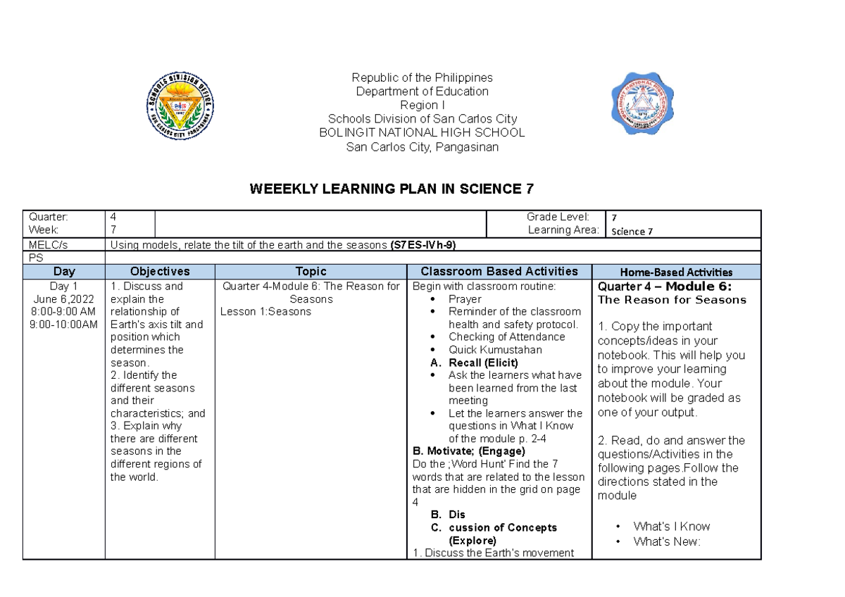 WLP Science 7 w7 - weekly home learning plan - Republic of the ...