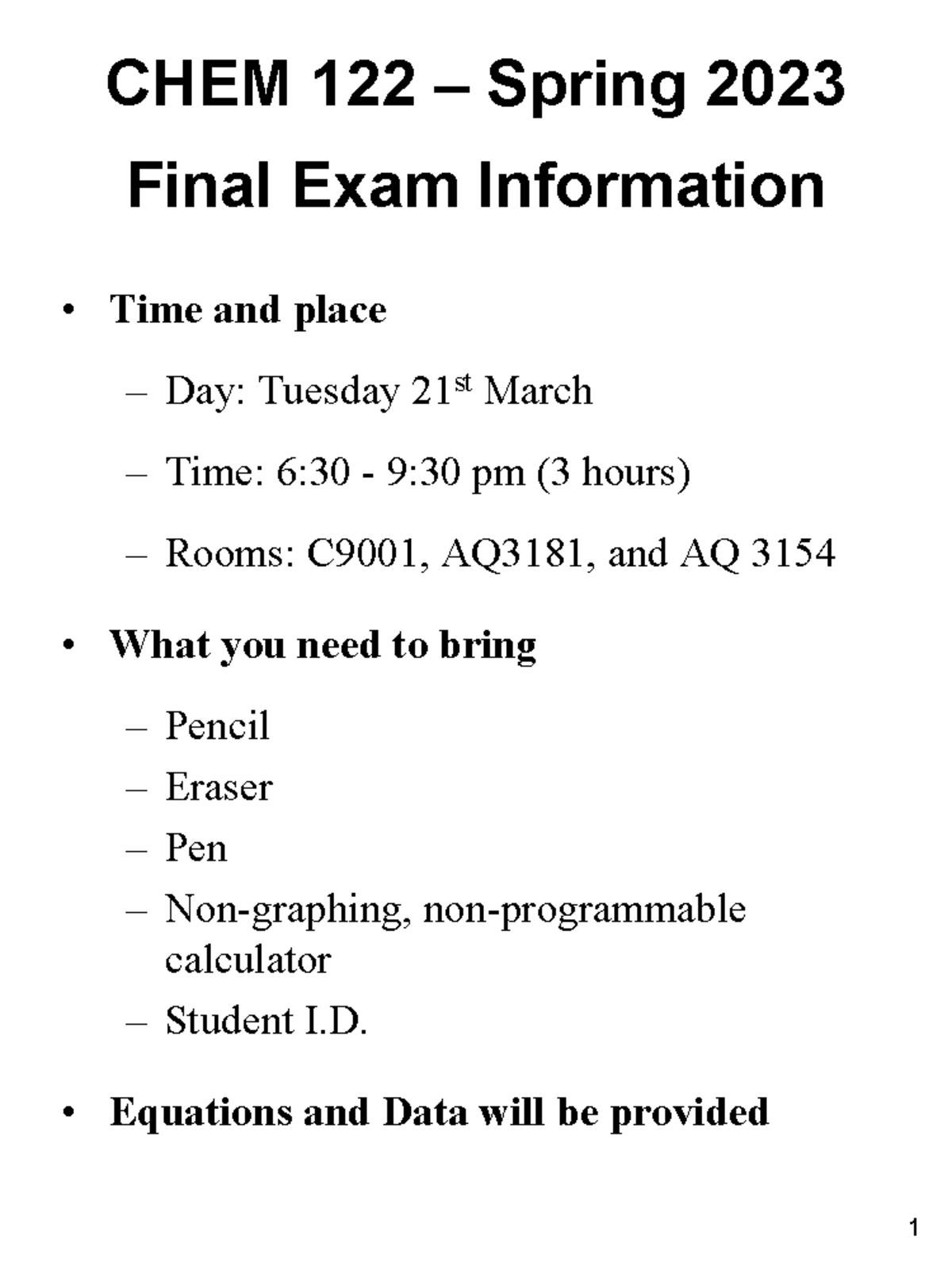 Final Exam Information Spring 2023 - CHEM 122 – Spring 2023 Final Exam ...