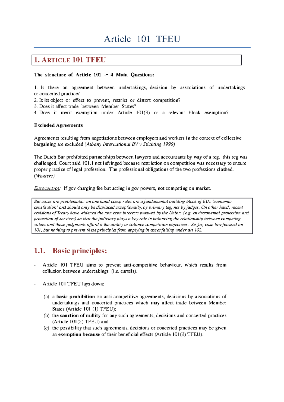 Article 101 2012 - Article 101 TFEU 1. ARTICLE 101 TFEU The structure of Article 101 -‐ 4 - Studocu