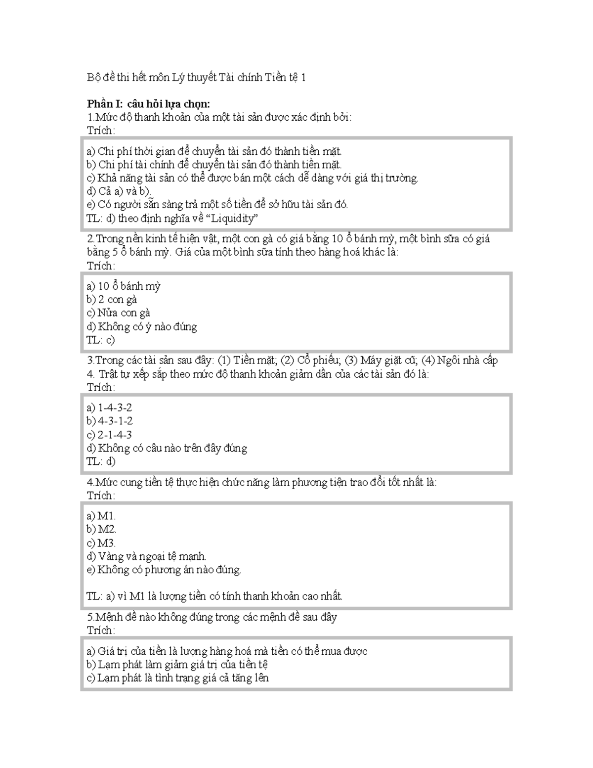 123doc vn de thi trac nghiem tai chinh - Bß ß thi h¿t môn Lý thuy¿t Tài chính Tißn tß 1 Ph¿n I ...