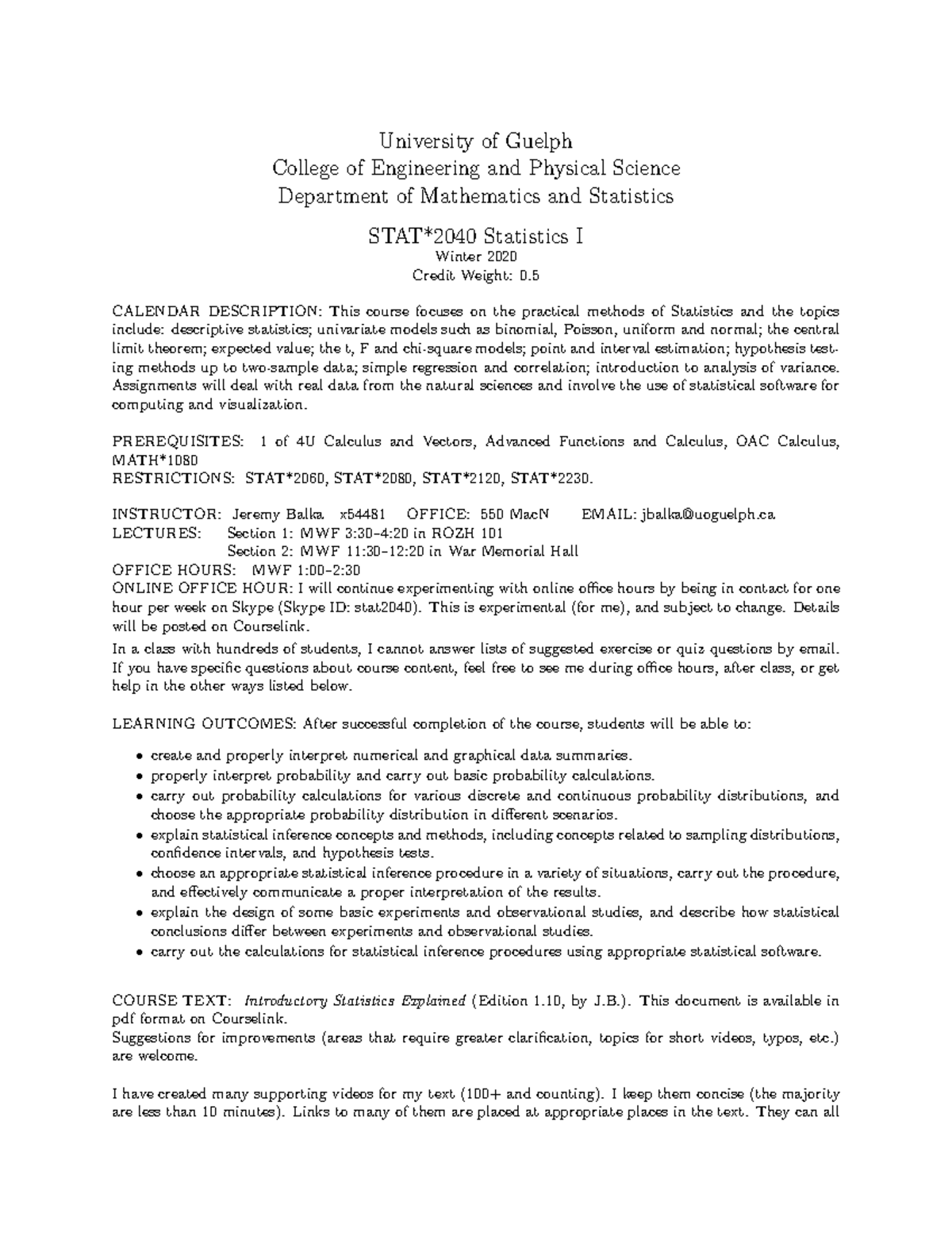 STAT2040 W20 course outline - University of Guelph College of ...