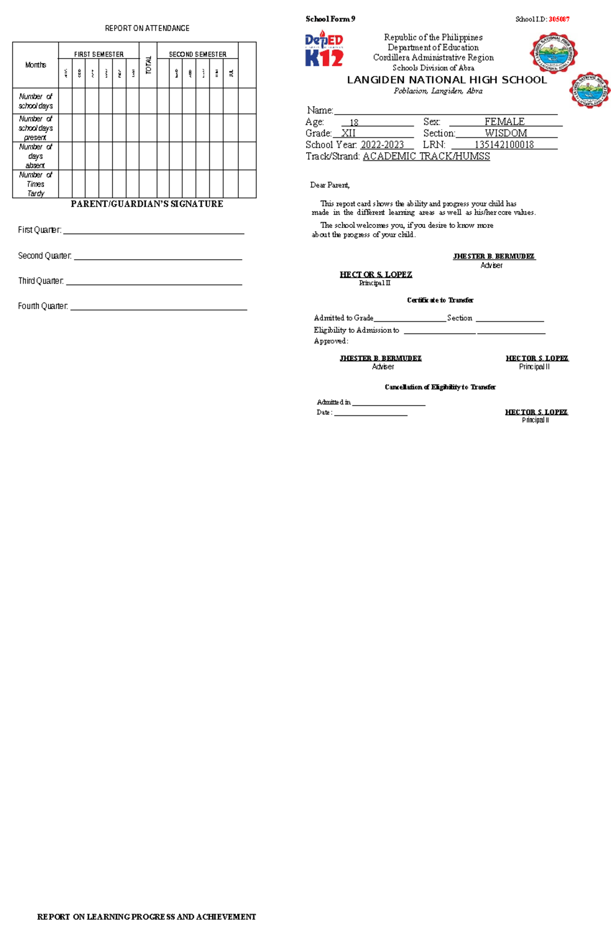 CARD Grade-12- Humss-20-2023- Front-2022-2023 - REPORT ON ATTENDANCE PARENT/GUARDIAN’S SIGNATURE ...