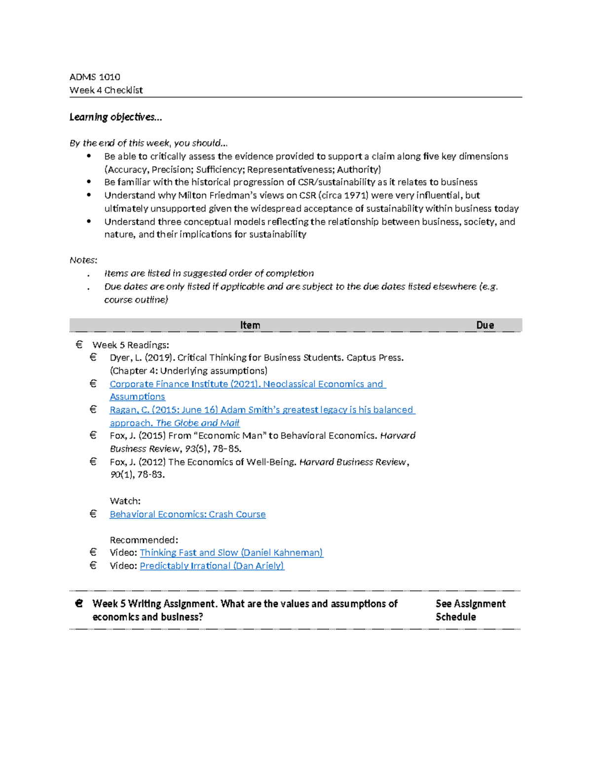 Week 4. Checklist - syllabus - ADMS 1010 Week 4 Checklist Learning ...